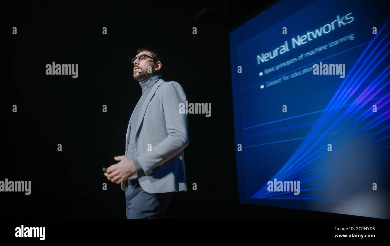 Tech Conference Stage: Speaker Talks about Product. Neural Networks ...