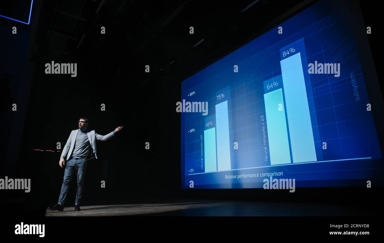 Tech Conference Stage: Speaker Talks about Product. Neural Networks ...