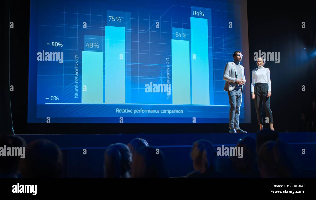 On Stage, Successful Female Executive and Male Manager Present New ...