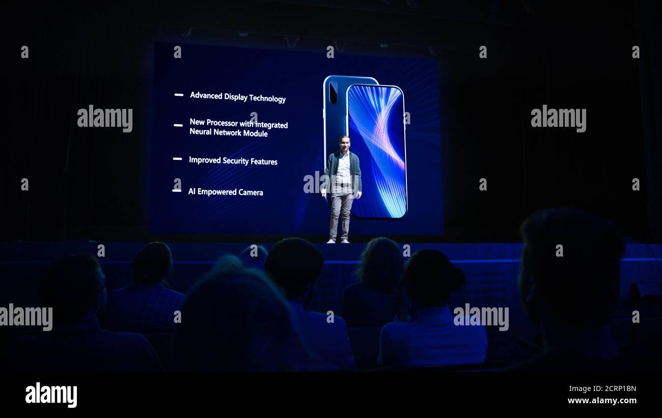 Live Event with Brand New Products Reveal: Speaker Presents Smartphone ...