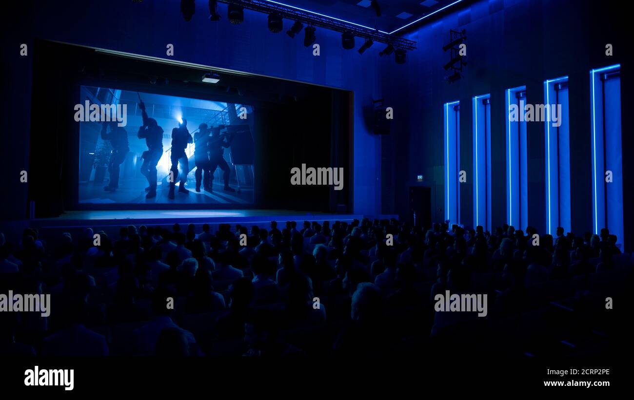 In Movie Theater Captivated Audience Watching New Blockbuster Film with ...