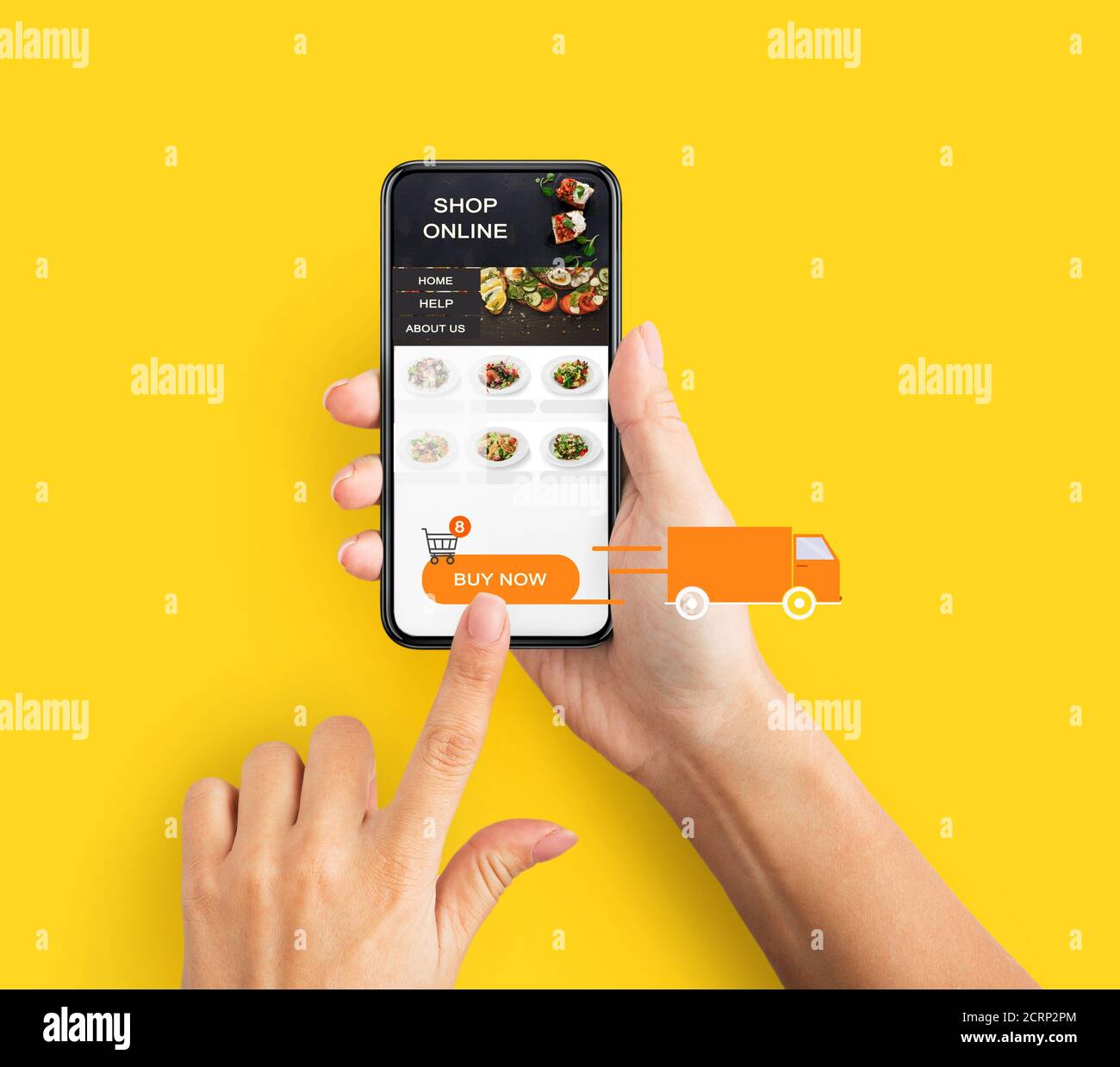 Woman Using Food Delivery App On Smartphone, Yellow Background, Cropped ...