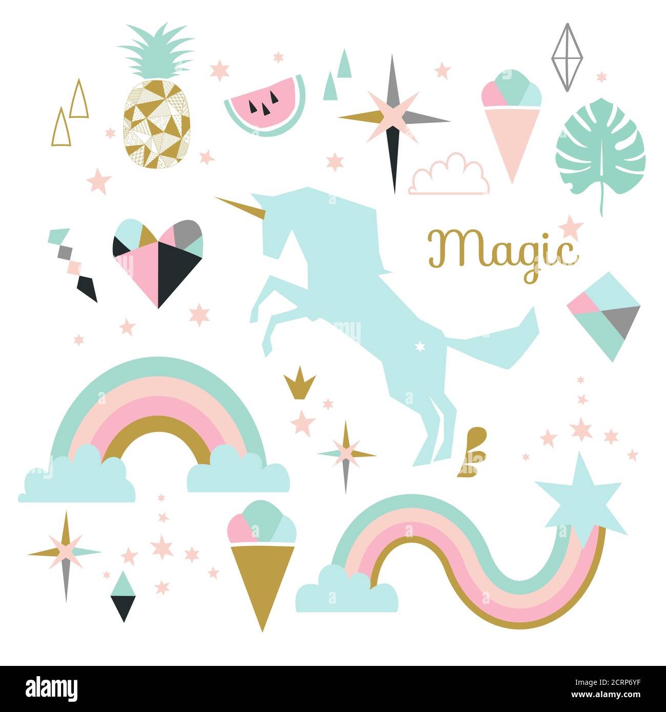 Unicorn magic element set. Isolated vector objects, flat design Stock ...