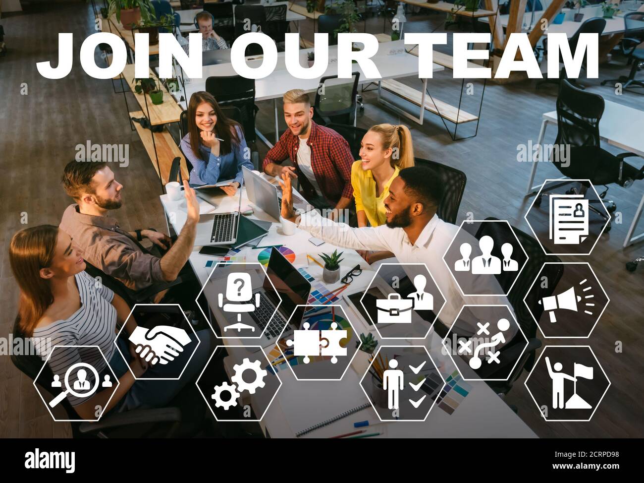 Creative Coworkers Giving High-Five In Office, Join Our Team Collage ...