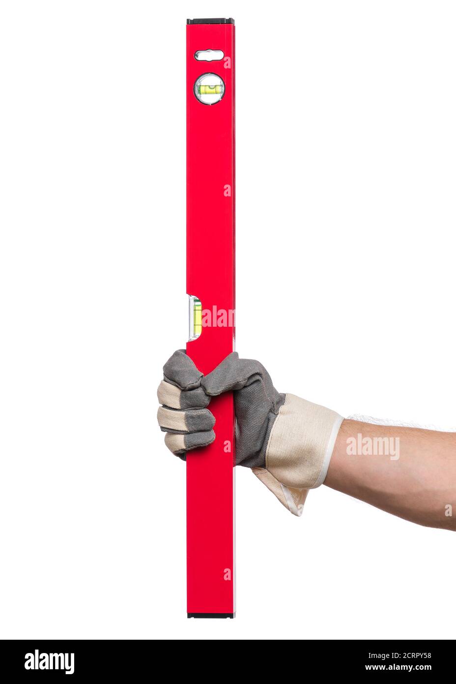 Male Hand wearing Working Glove with red bubble level tool. Human Hand ...