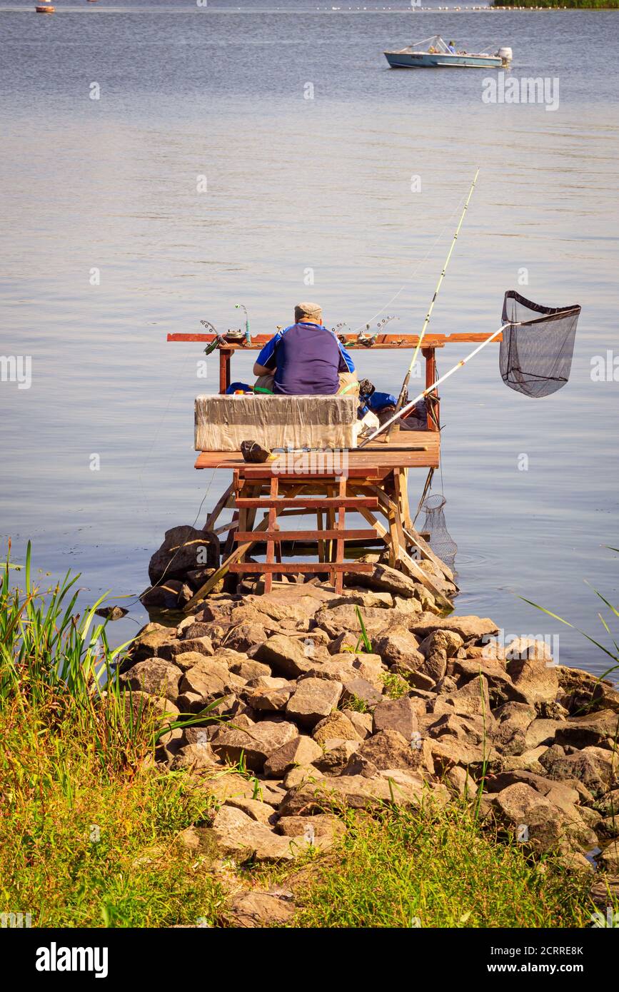 Kiev / Ukraine - September 10, 2020 - Fisherman on the Dnieper River in ...
