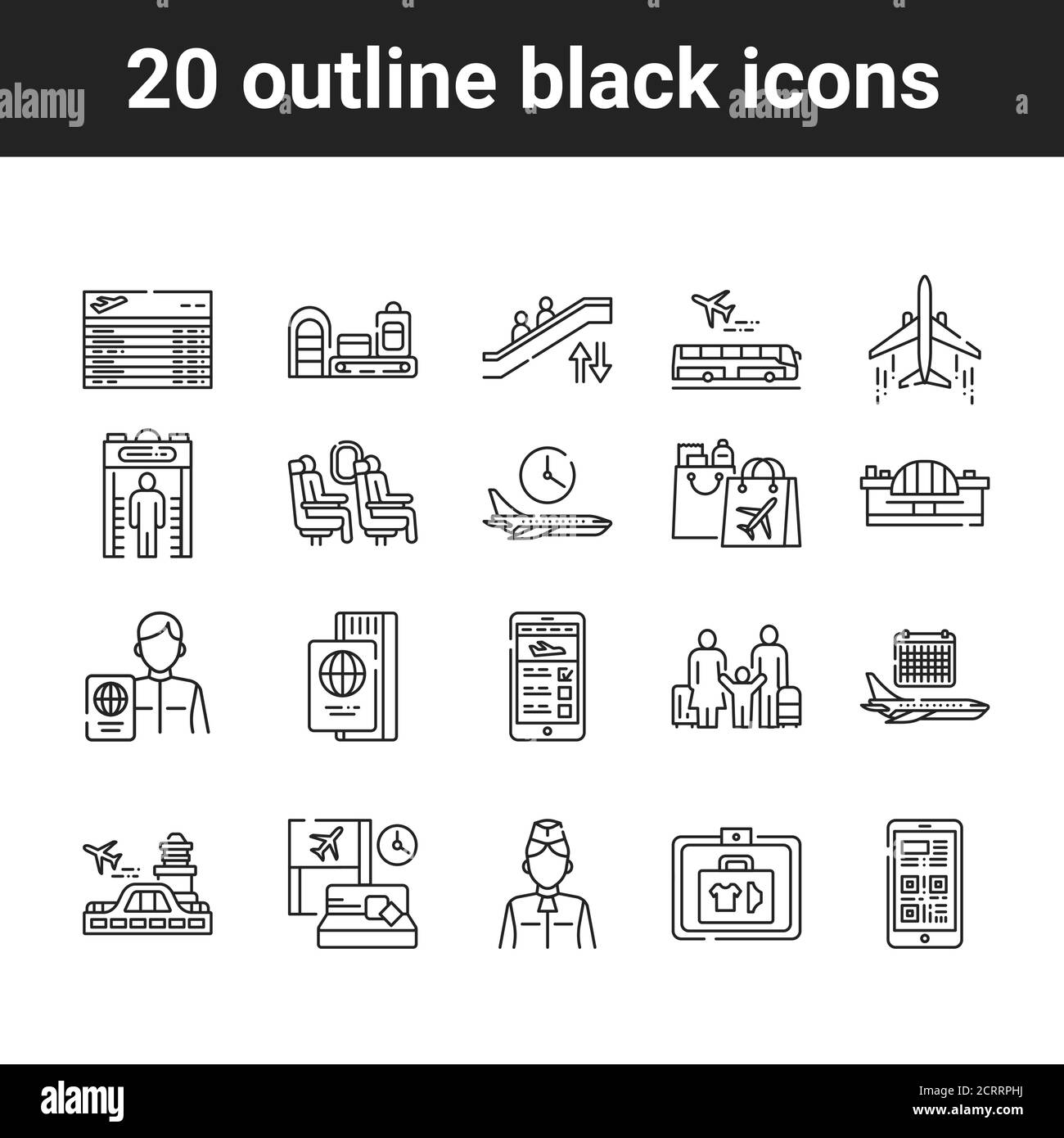 Airport service black line icons set. International flights. Pictograms ...