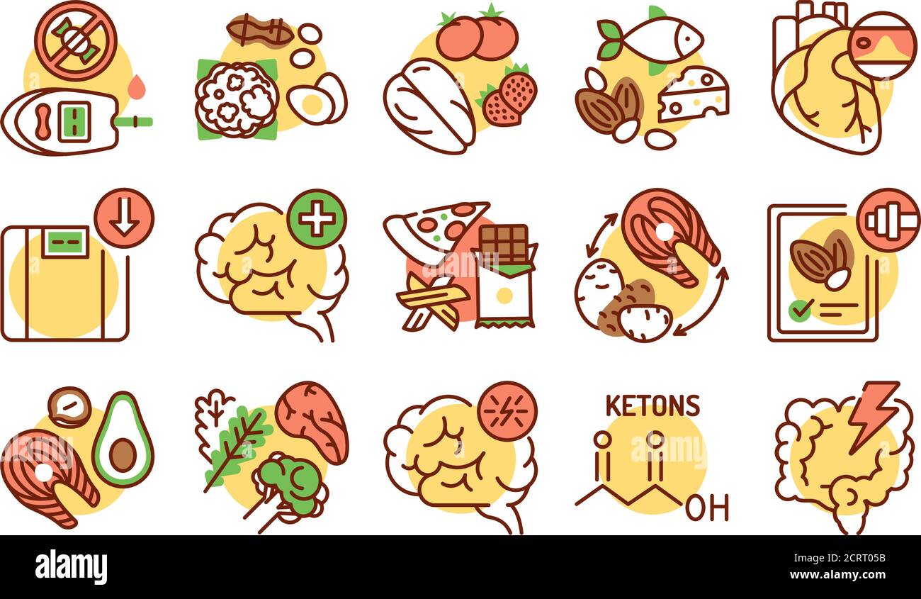 Ketogenic diet color line icons set. Very low-carb, high-fat diet ...