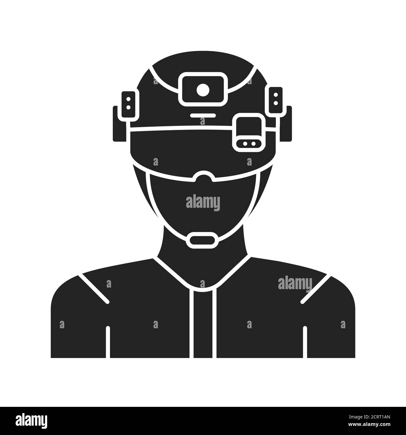 Augmented reality in military black glyph icon. Man in VR helmet ...