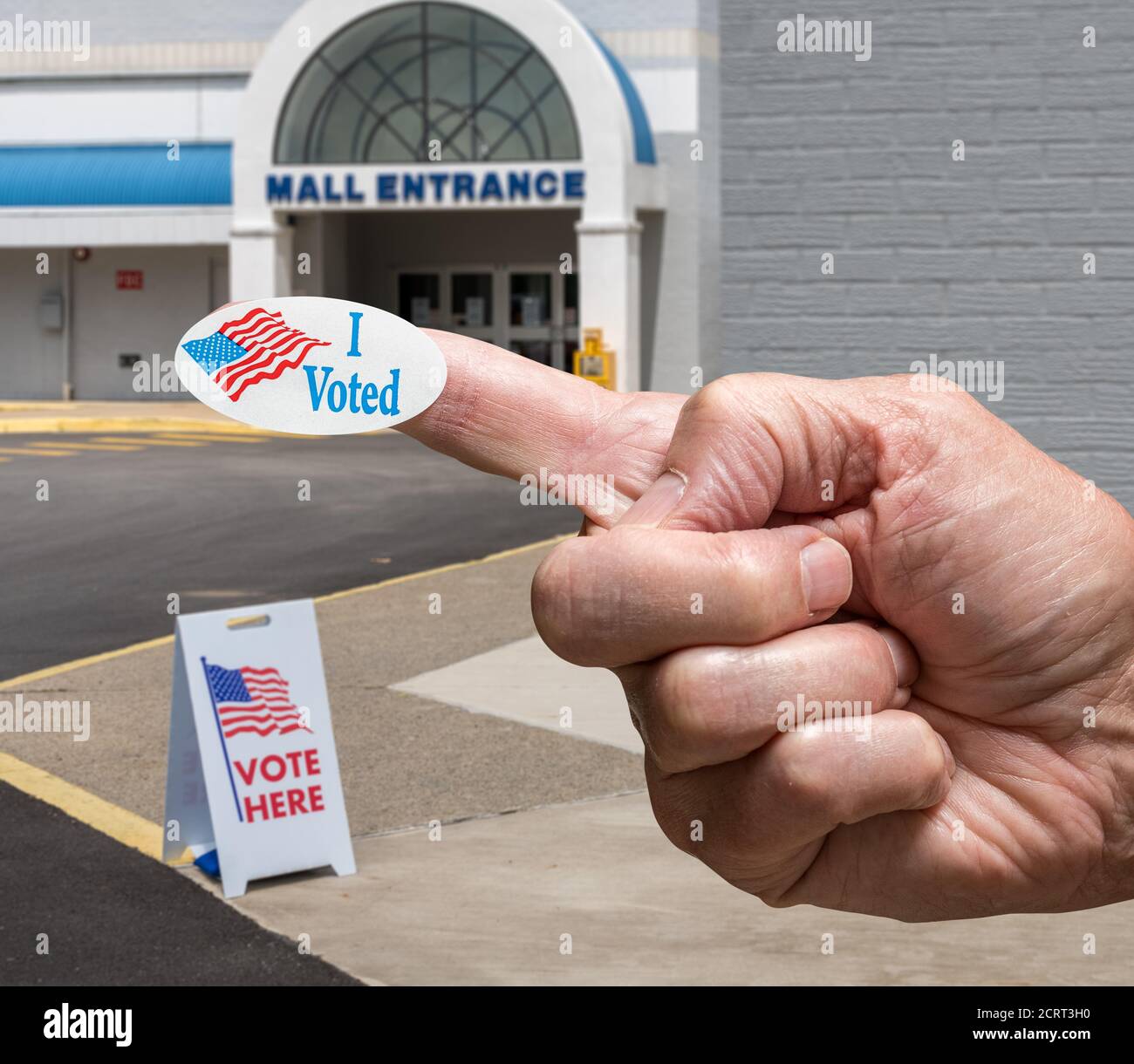 USA flag campaign button stuck to finger of voter by Polling place for ...