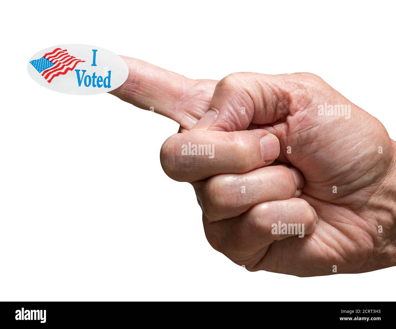 Senior mans hand with I voted sticker on finger as he makes a fist to ...