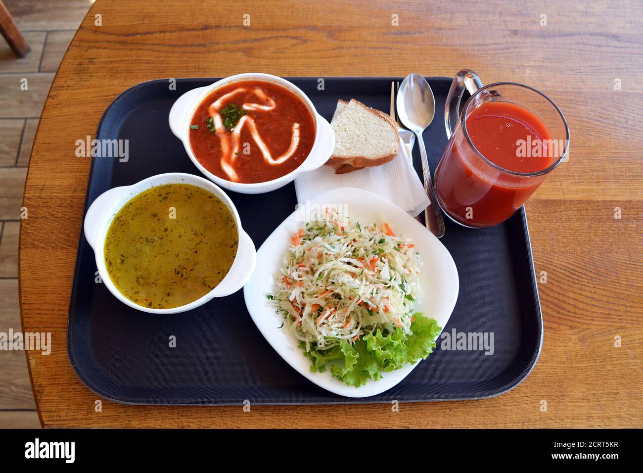 Ukrainian borsh, solyanka, cabbage salad with fresh tomato juice and ...