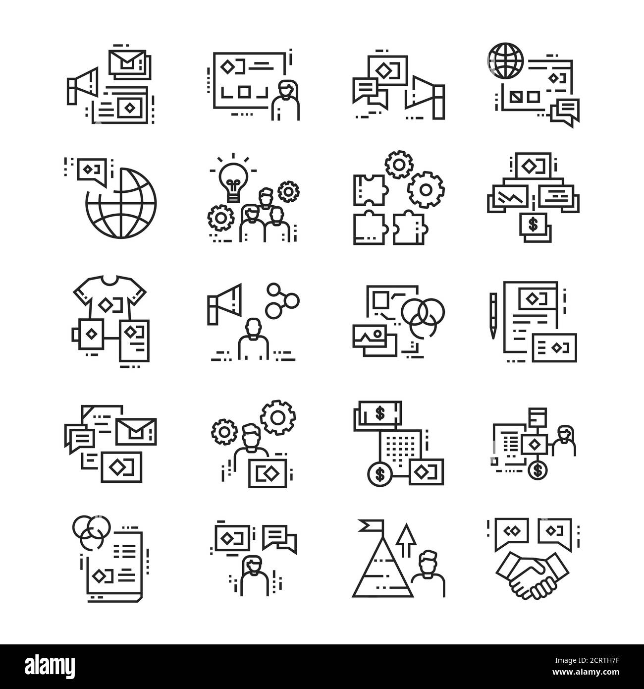 Branding black line icons set. Promotion and advertising. Distribution channels. Pictograms for ...