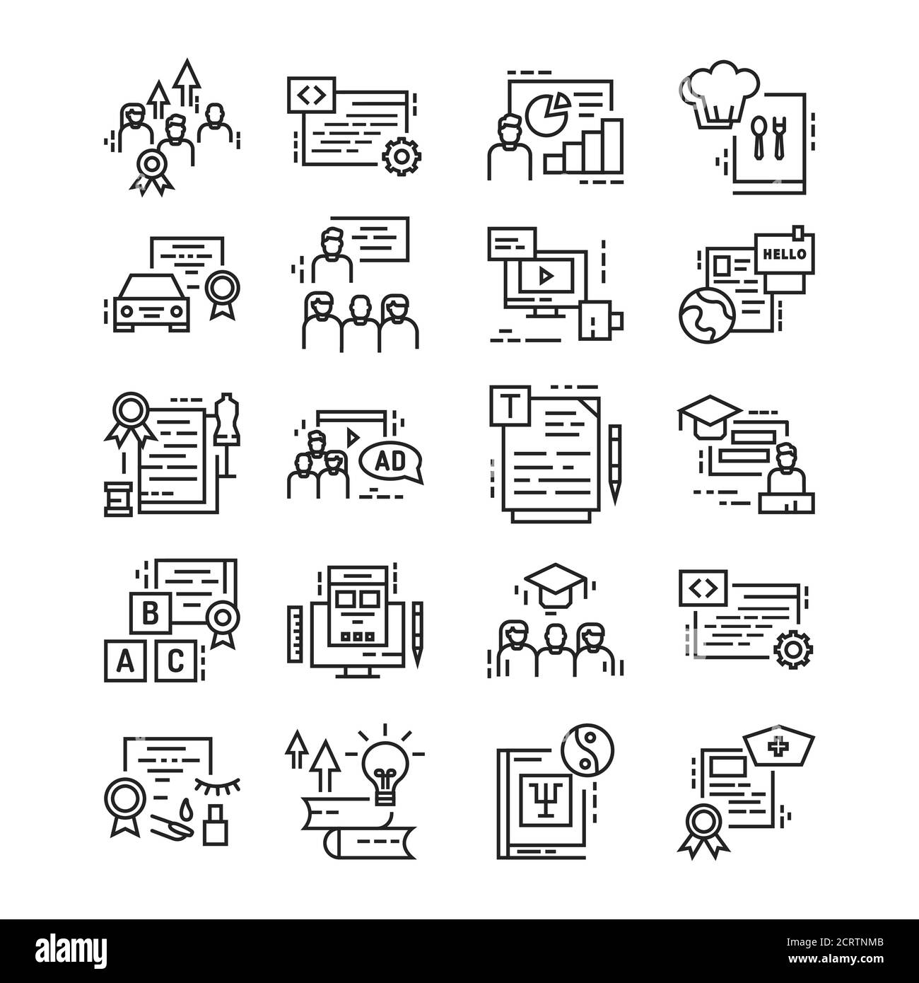 Courses training black line icons set. Investing in yourself. People skill development ...
