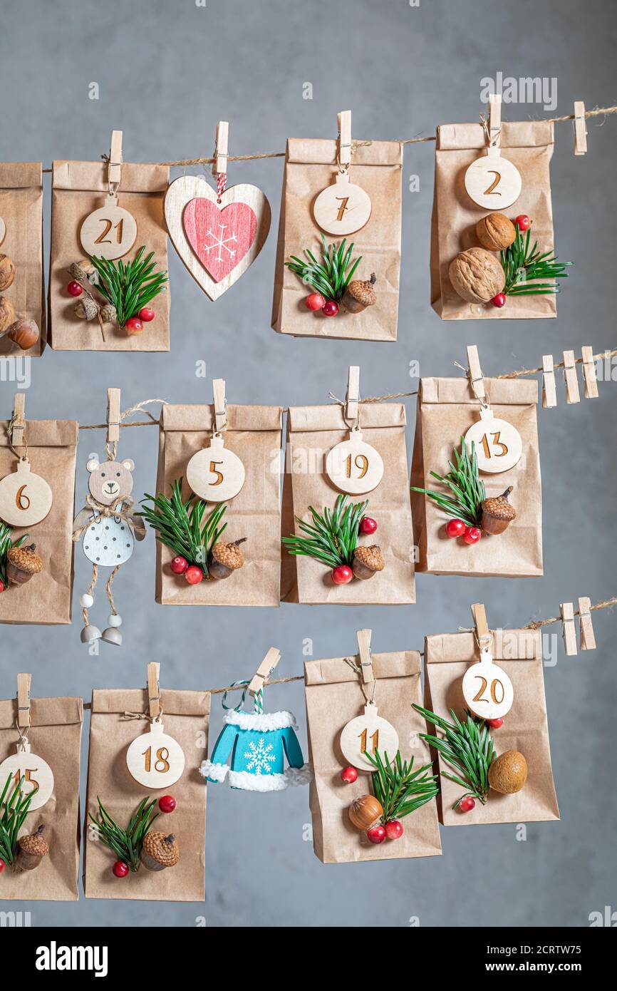 Original Advent Calendar for Christmas made of paper and stringon the ...