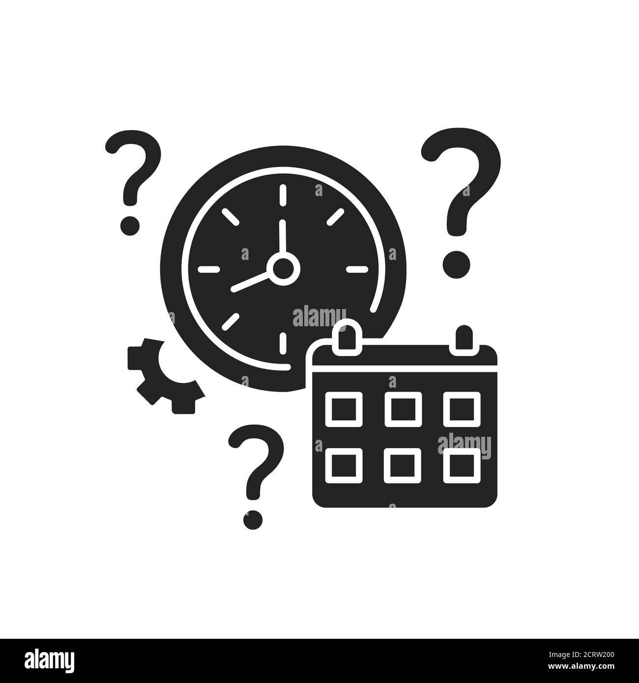 Clock and calendar with a question mark glyph black icon. Confusion ...