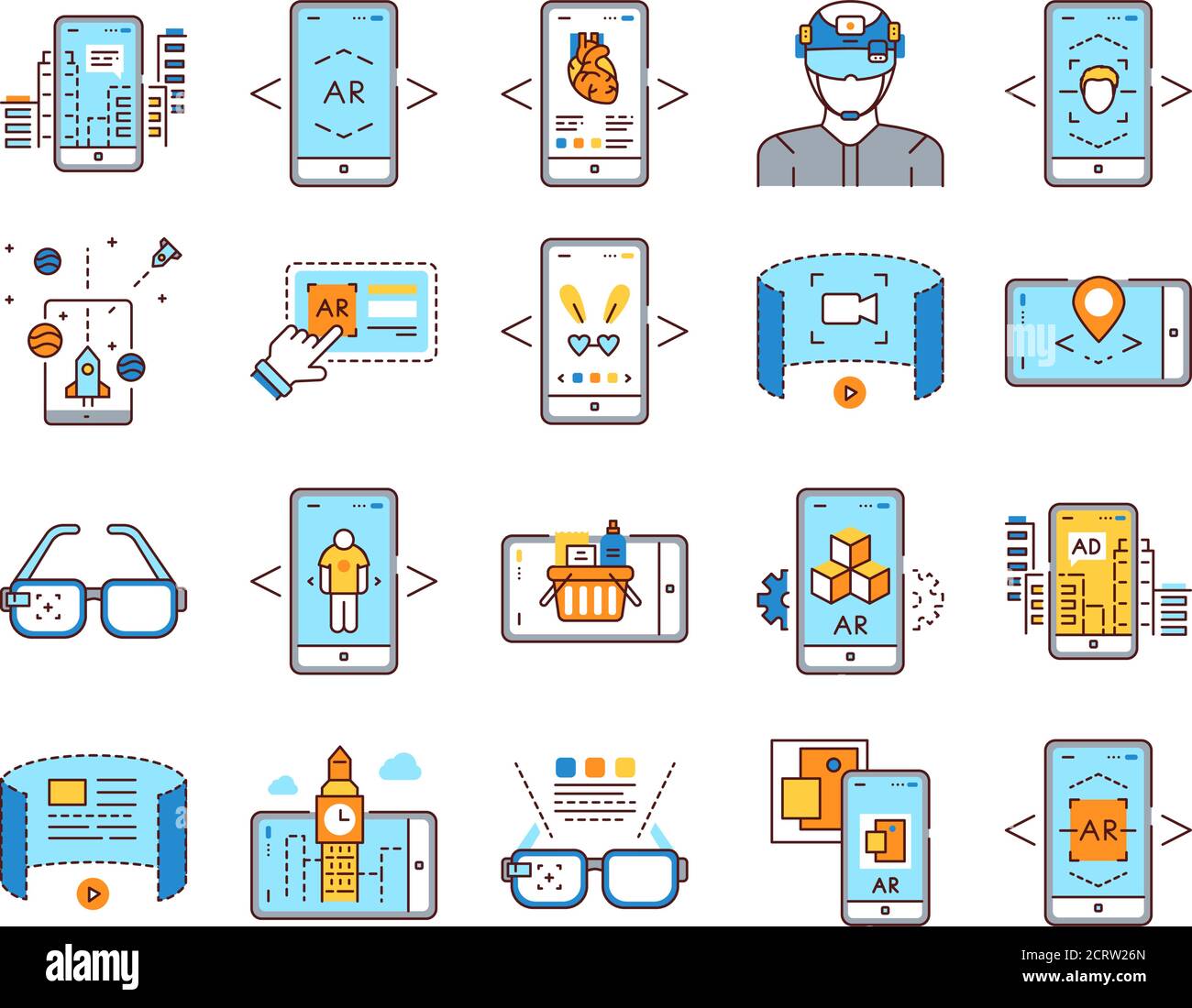 Augmented reality color line icons set. Digital technology. Pictogram ...