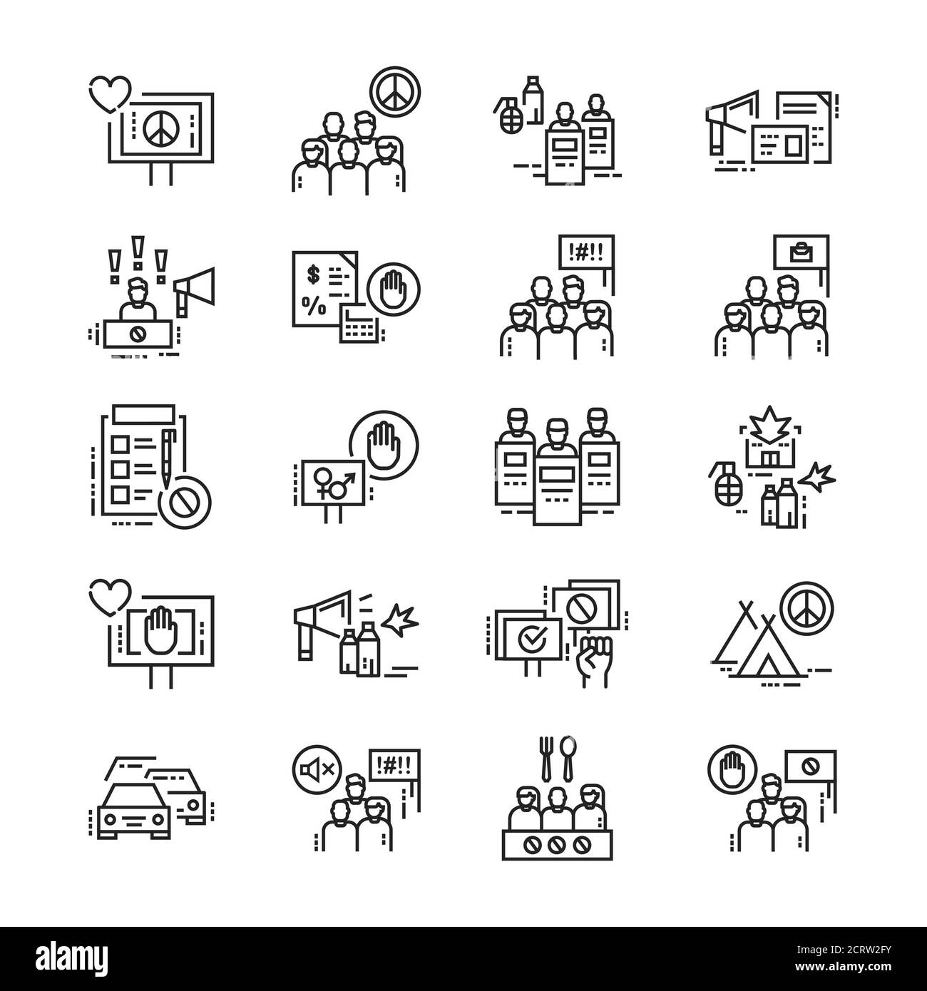 Social protest line black icons set. Protesting against government ...