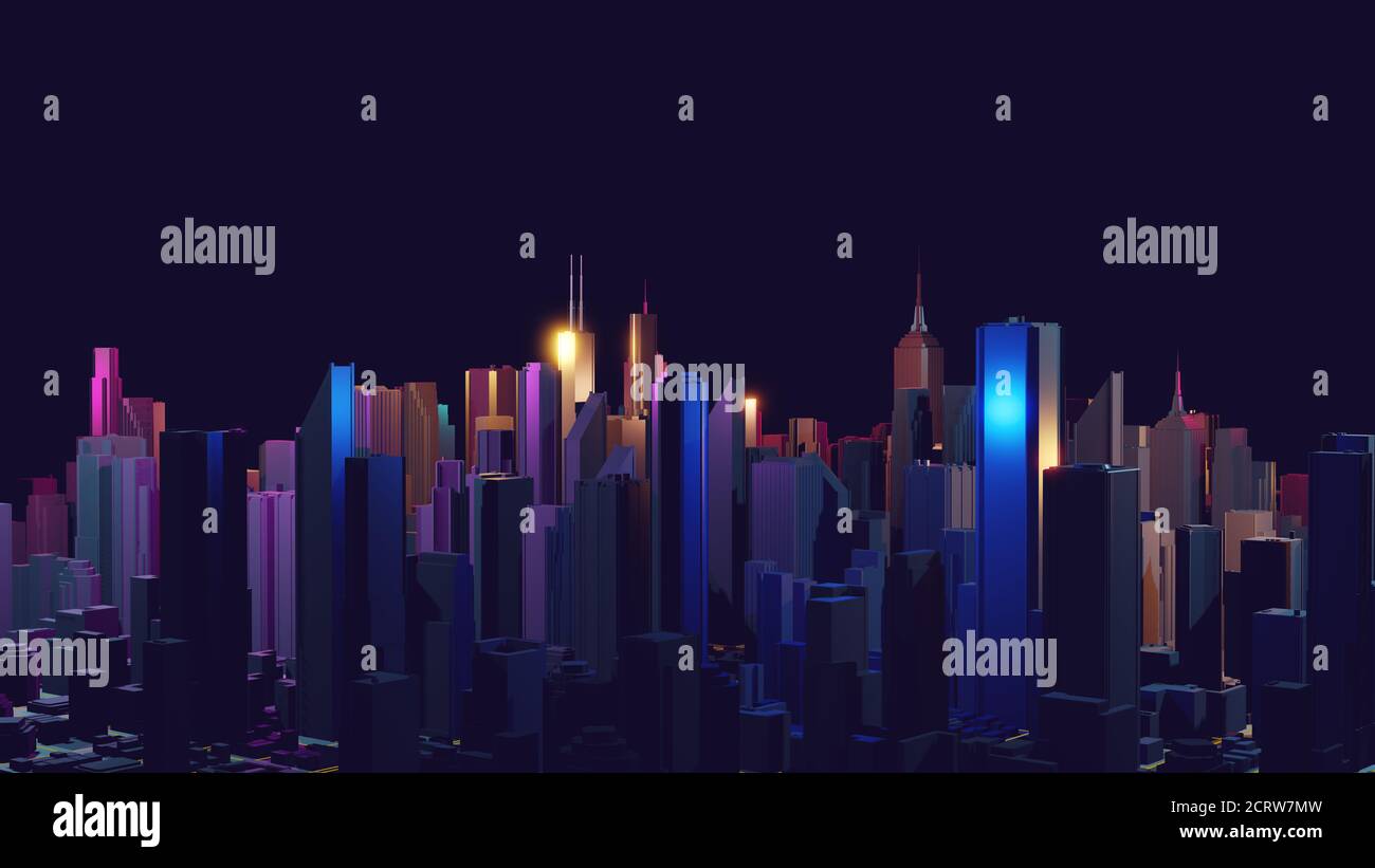 Night city with futuristic urban architecture. Growing metropolis, city ...