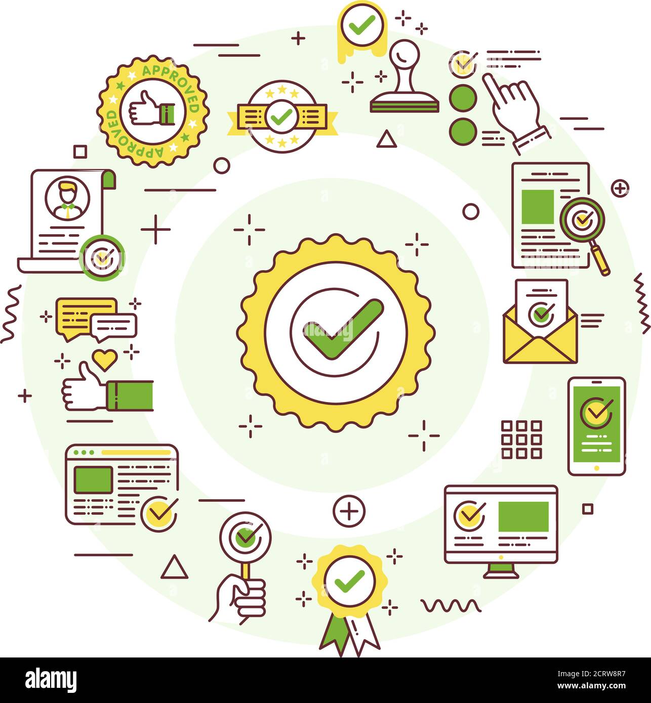 Approved web banner. Infographics with linear icons on green background ...