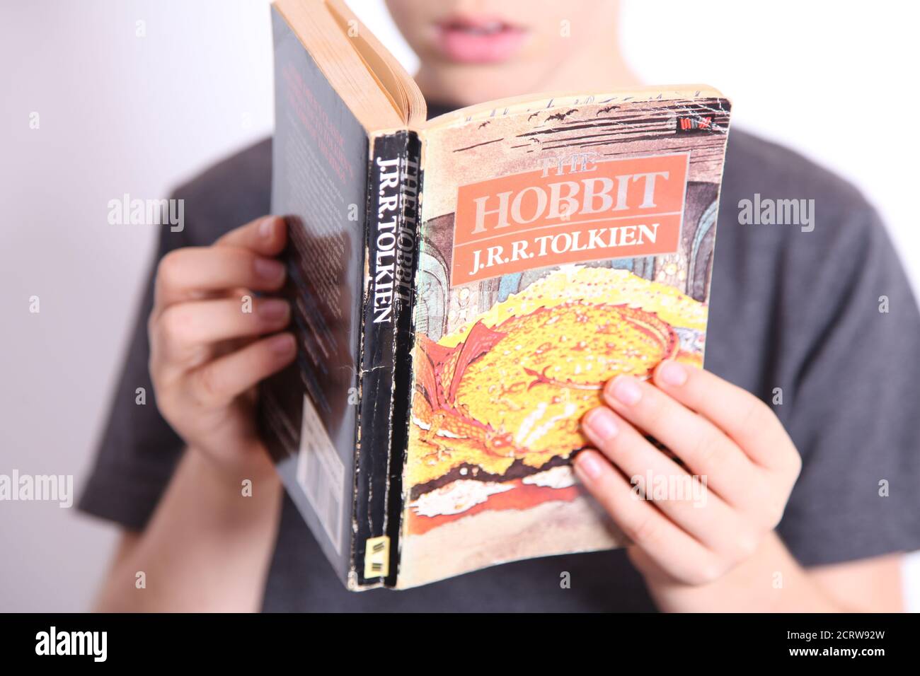 Young child, boy reading an old tattered copy of The Hobbit by JRR ...