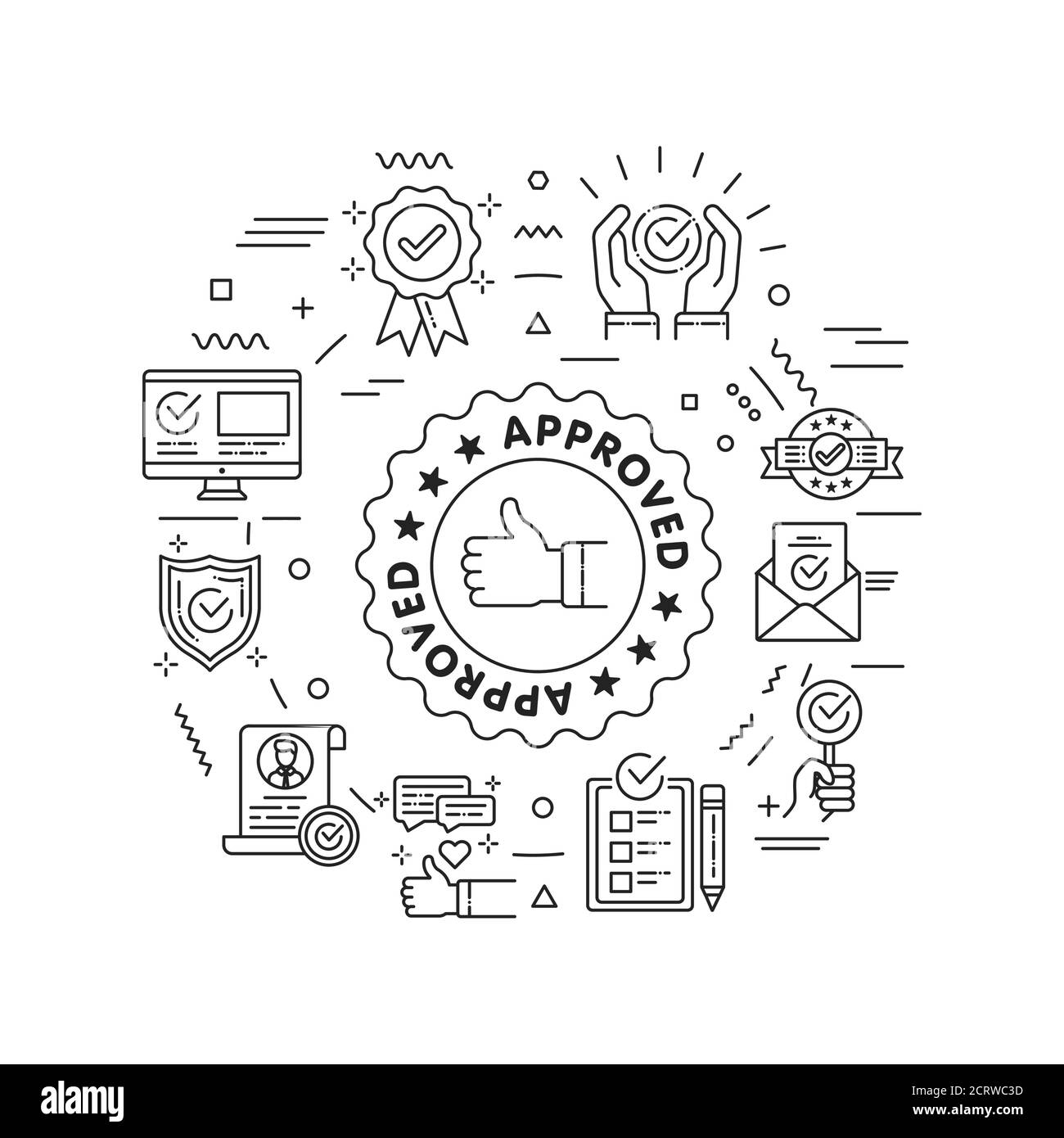 Approved web banner. Infographics with linear icons on black background ...