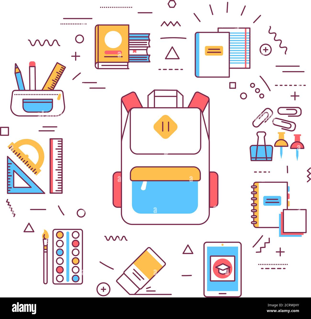 School supplies web banner. School, office supplies. Infographics with ...