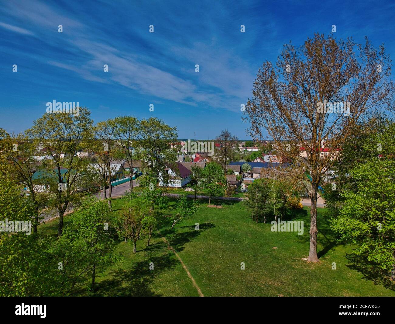 Aerial view of the countryside in the Minsk region of Belarus on a ...