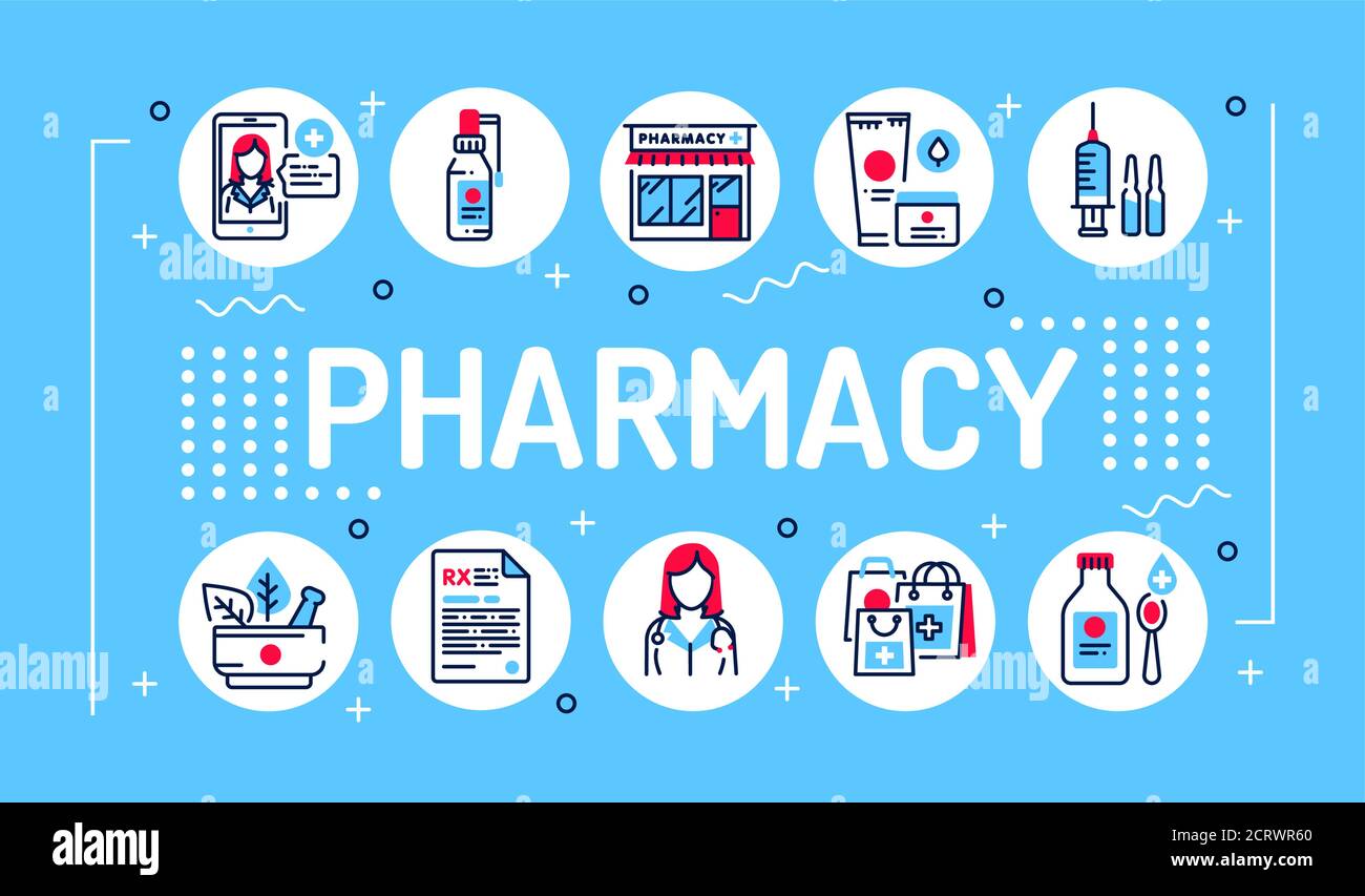 Pharmacy word lettering typography. Medical clinic communication with ...