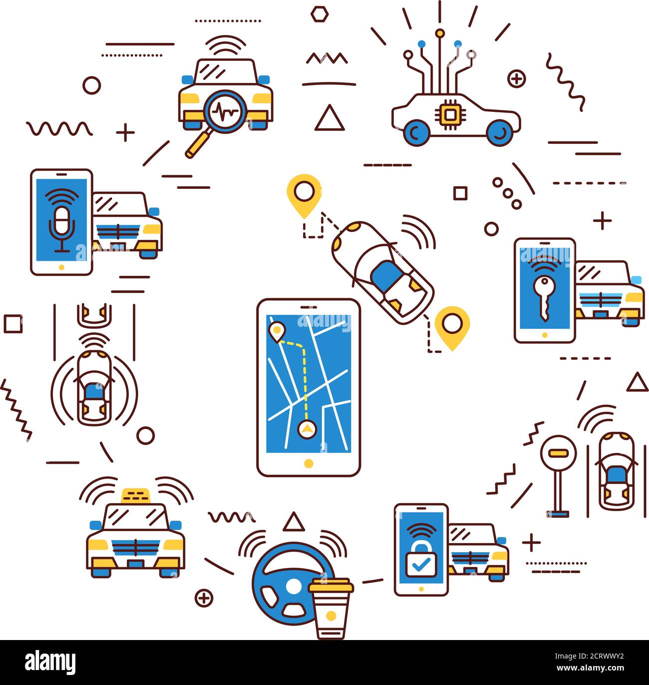 Self driving web banner. Driverless auto. Infographics with linear ...