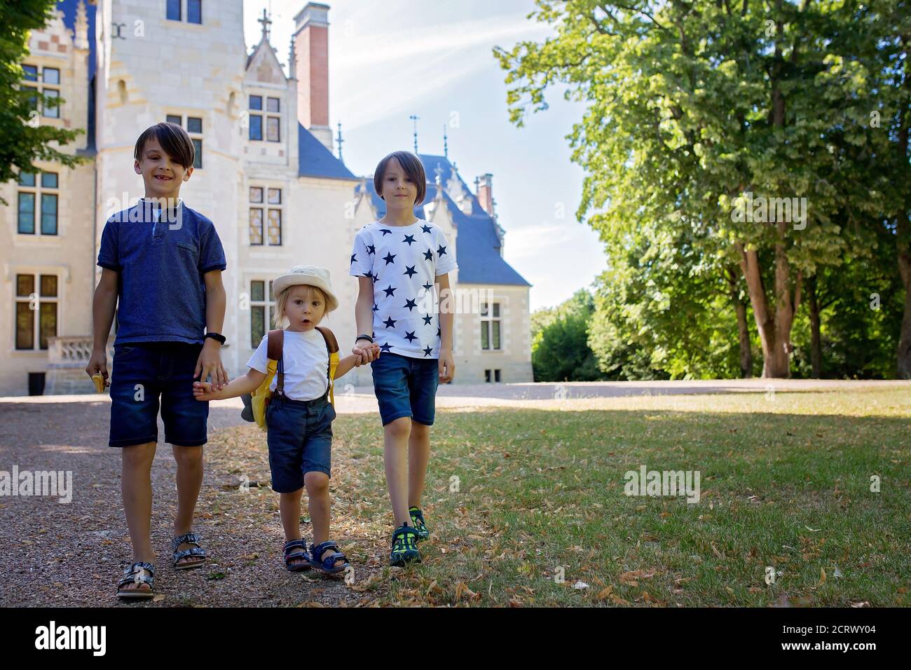 Children, walking together in park in front of castle in France Stock ...