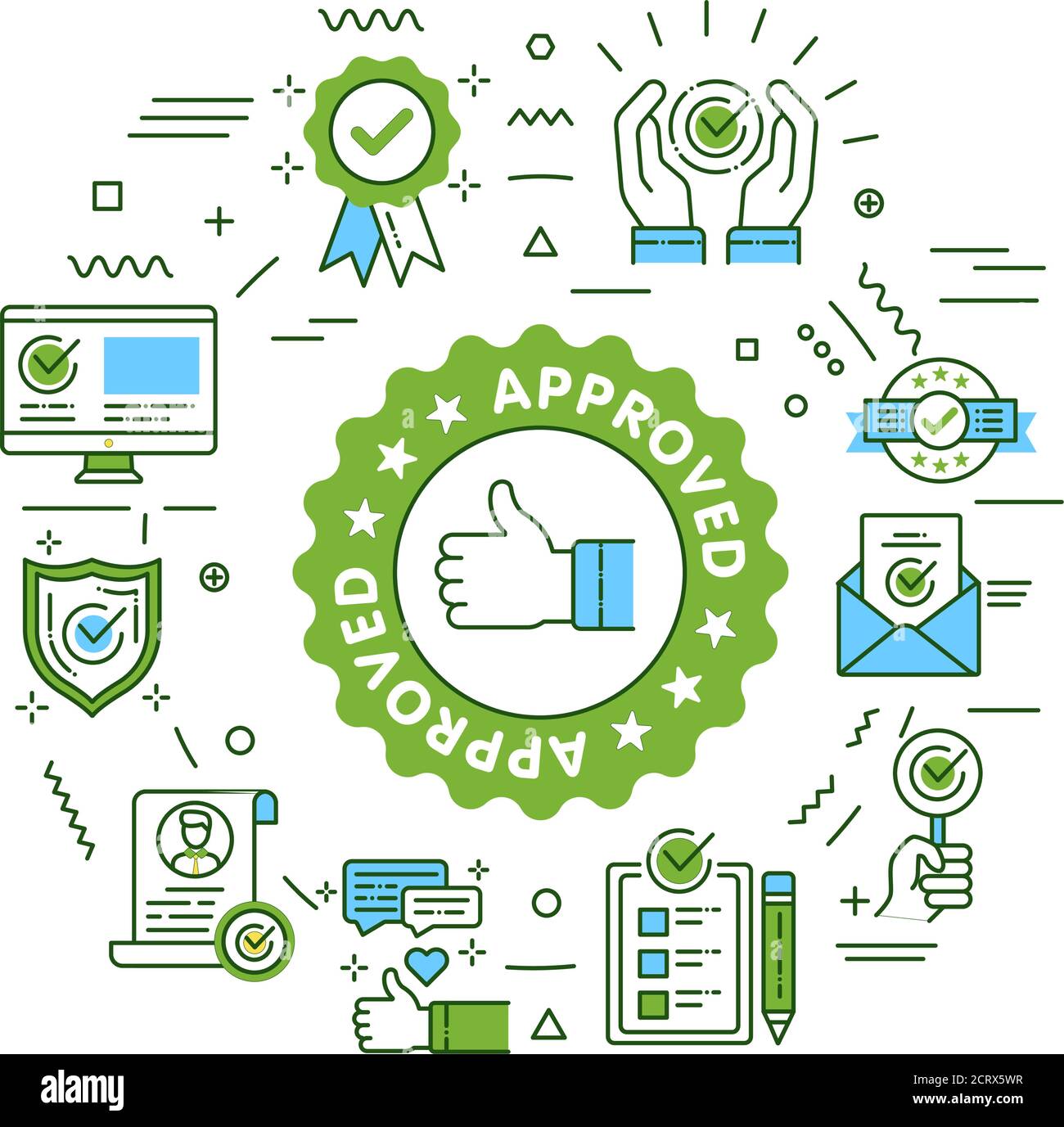 Approved web banner. Infographics with linear icons on green background ...