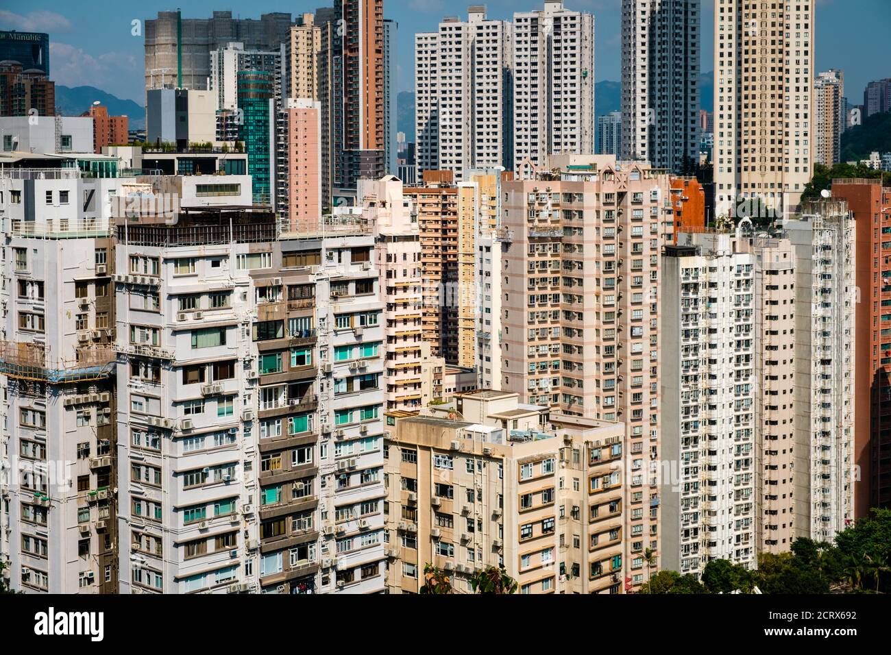high apartment buildings in residential district, Hong Kong aerial ...