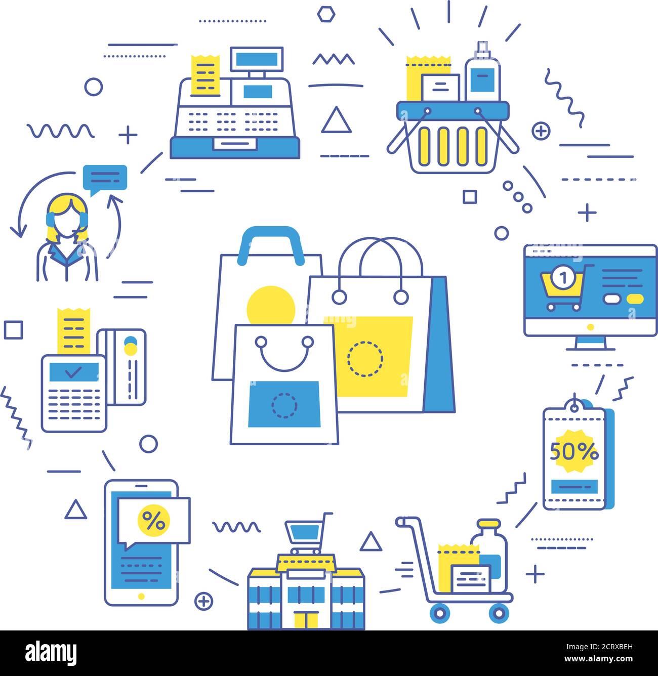 Shopping web banner. E-commerce. Infographics with linear icons on ...