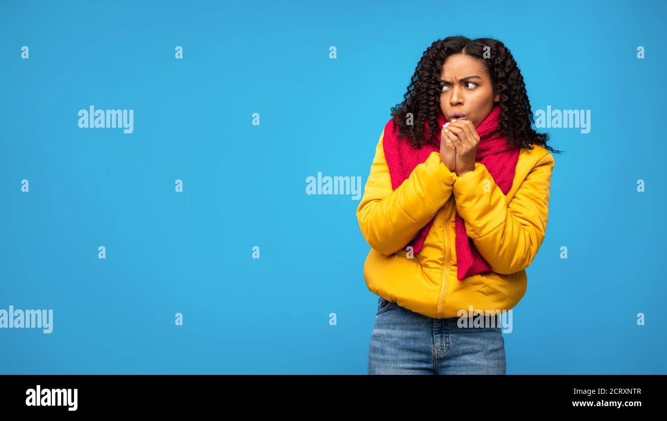 Black Woman Freezing Wearing Winter Clothes Over Blue Background ...