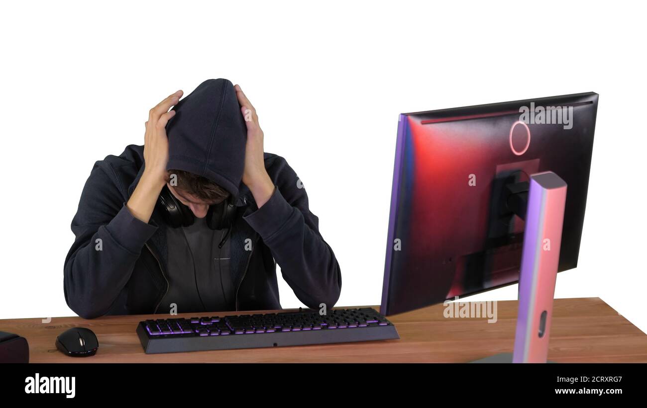 Stressed tired out of work, Development Programmer on white back Stock ...