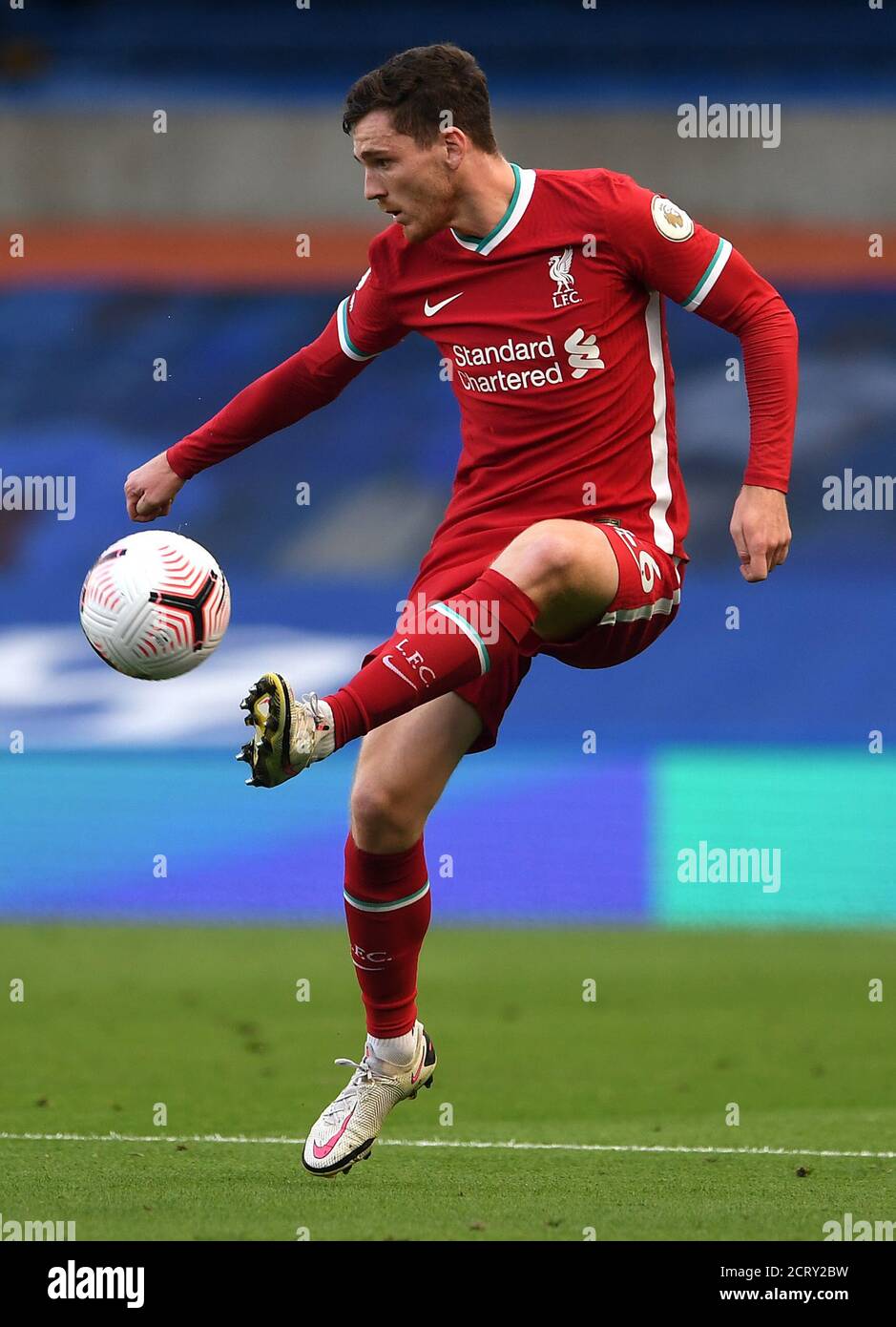 Liverpool's Andrew Robertson controls the ball during the Premier ...
