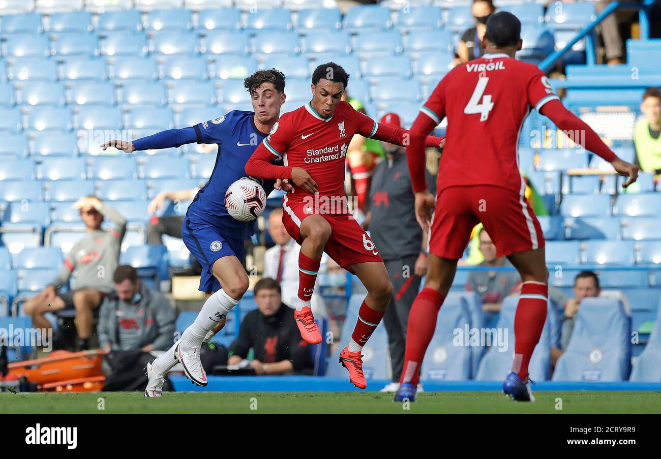 Chelsea's Kai Havertz (left) and Liverpool's Trent Alexander-Arnold ...