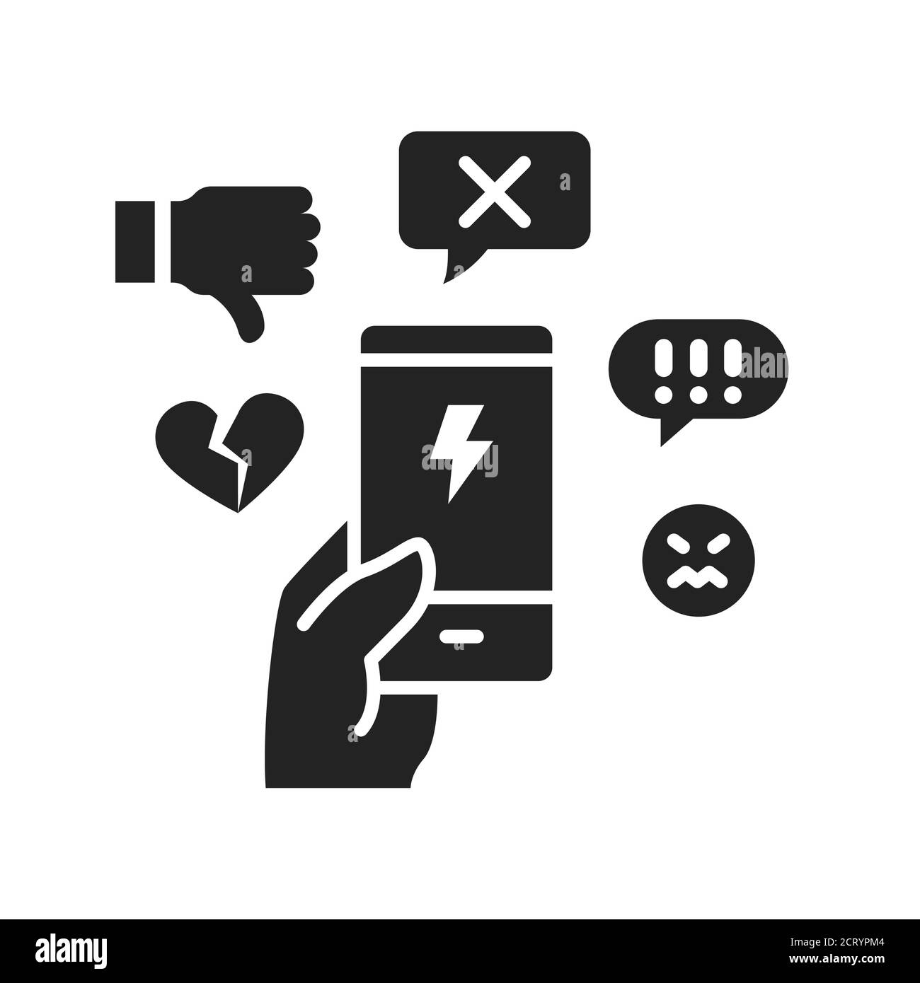 Cyberbullying victim hand holding smartphone black glyph icon. Abuse ...