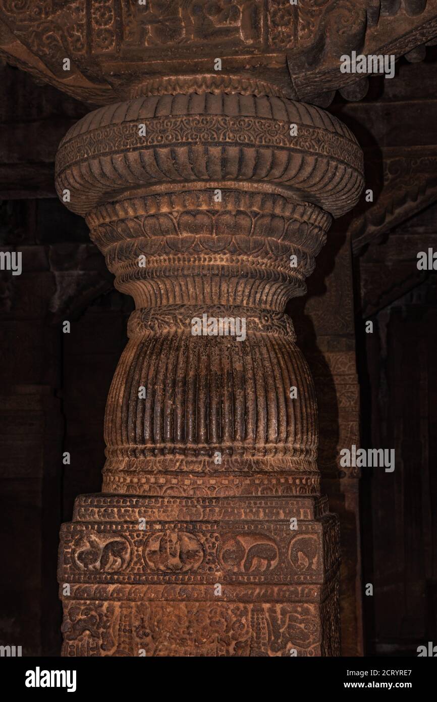 badami cave temple interior pillars stone art in details image is taken ...