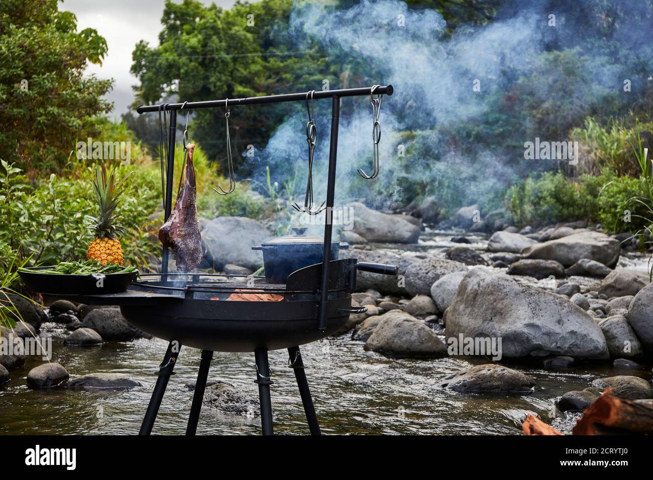 Open Wood Fired Barbecue near Stream Stock Photo - Alamy