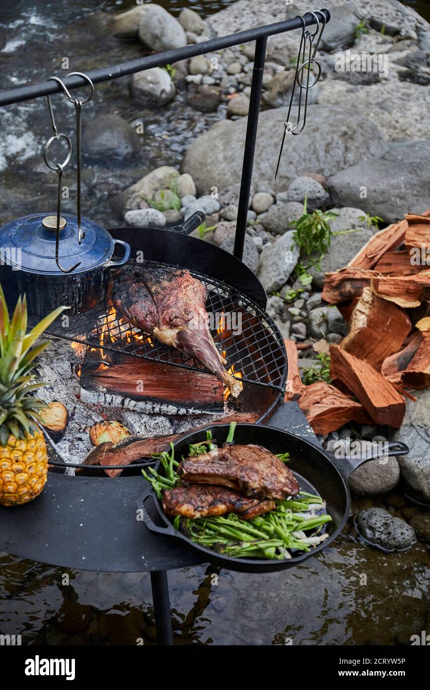 Barbecue Over Open Flame at Campsite near Stream Stock Photo - Alamy