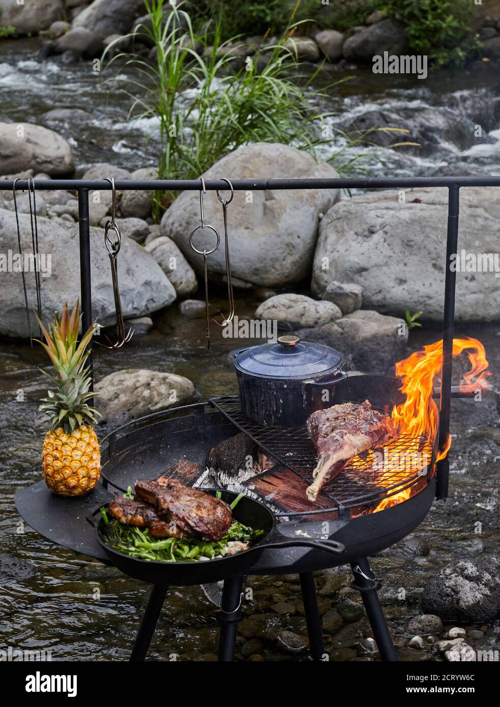 Open Flame Barbecue Cooked Near Campsite Picnic Stock Photo - Alamy