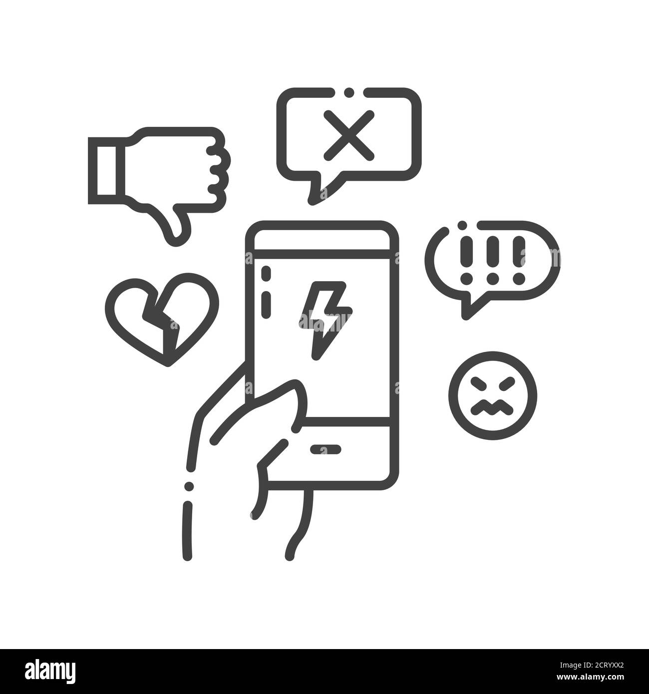 Cyberbullying victim hand holding smartphone black line icon. Abuse ...