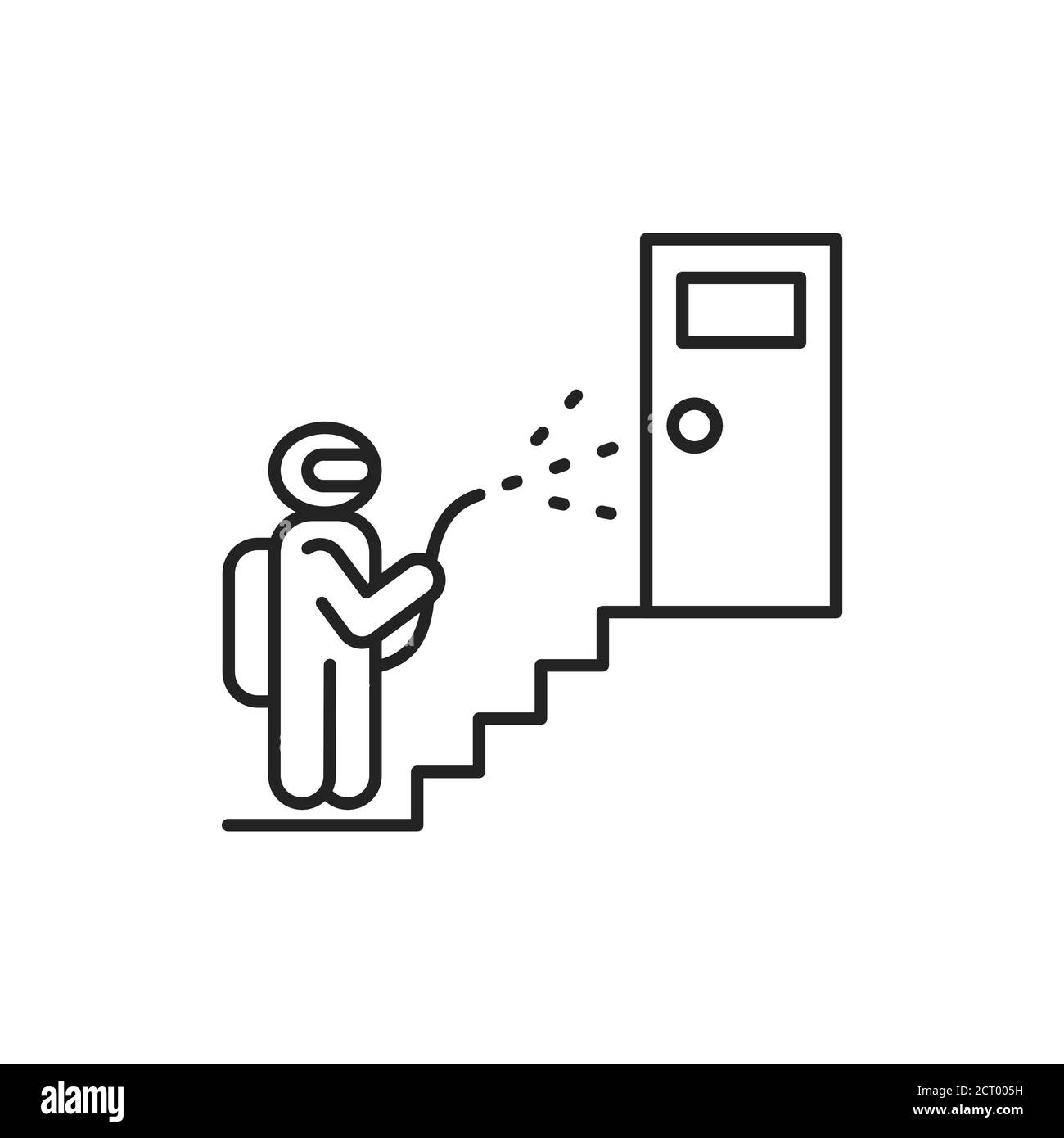 Residential building porch disinfection black line icon. Worker in ...