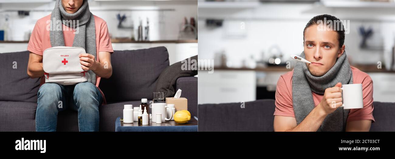 collage of young man holding first aid kit near medicines, measuring ...