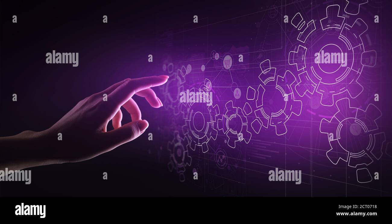 Gears mechanism on virtual screen. Automation and business process flow ...