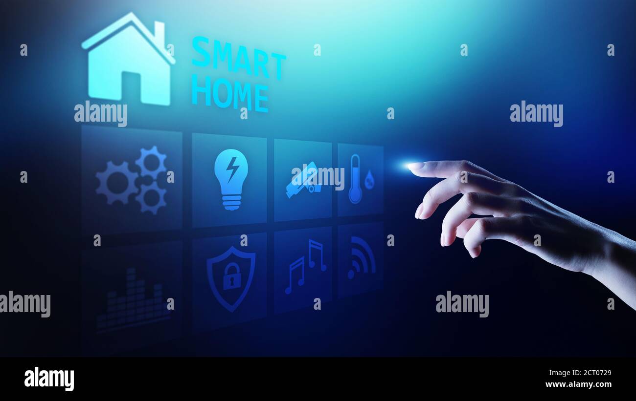 Smart home control panel on virtual screen. Internet of things, IOT ...