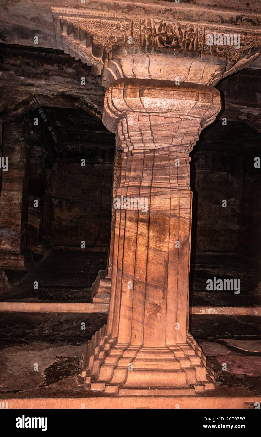badami cave temple interior pillars stone art in details image is taken ...