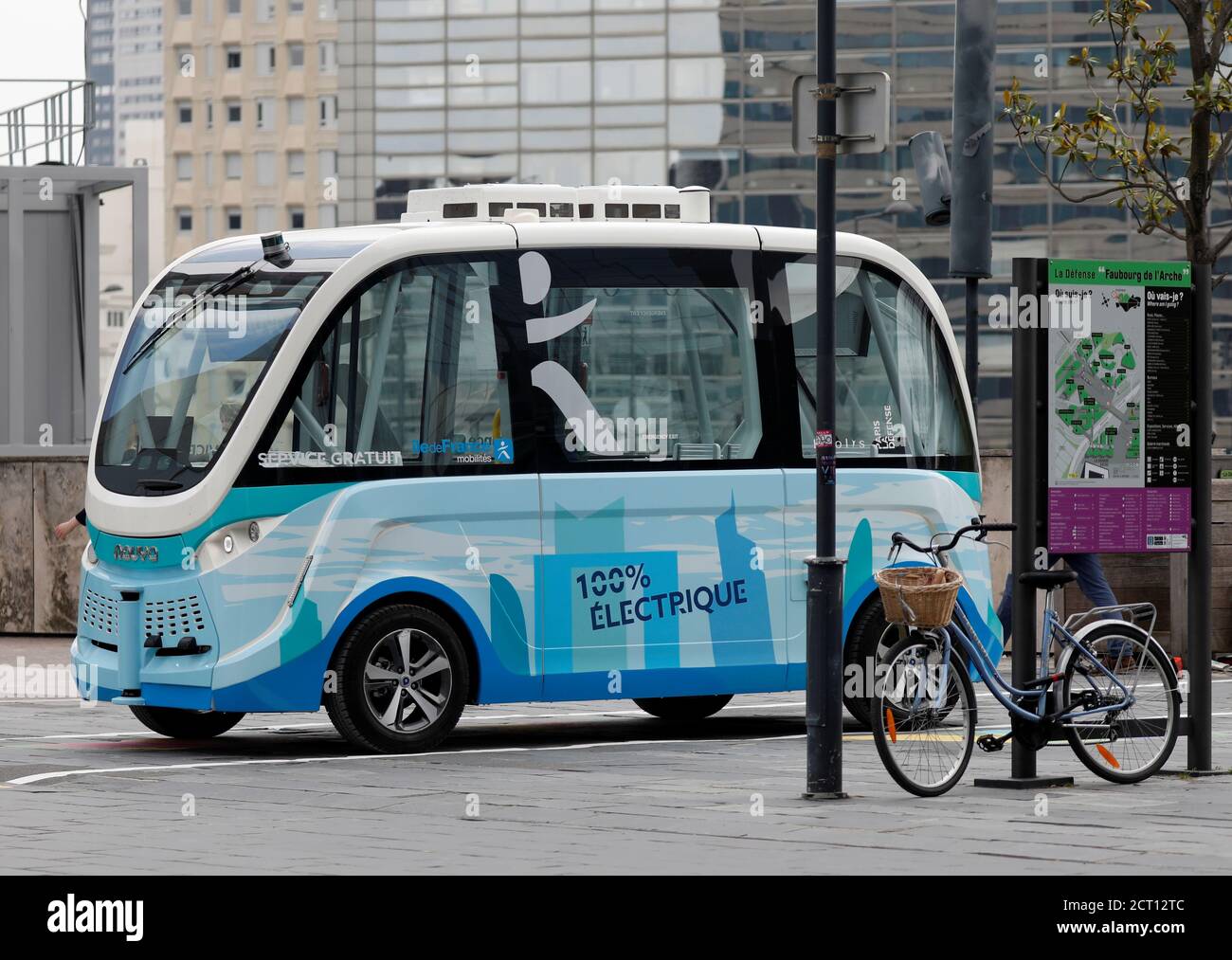 An electric driver-less shuttle autonomous vehicle made by Navya is ...